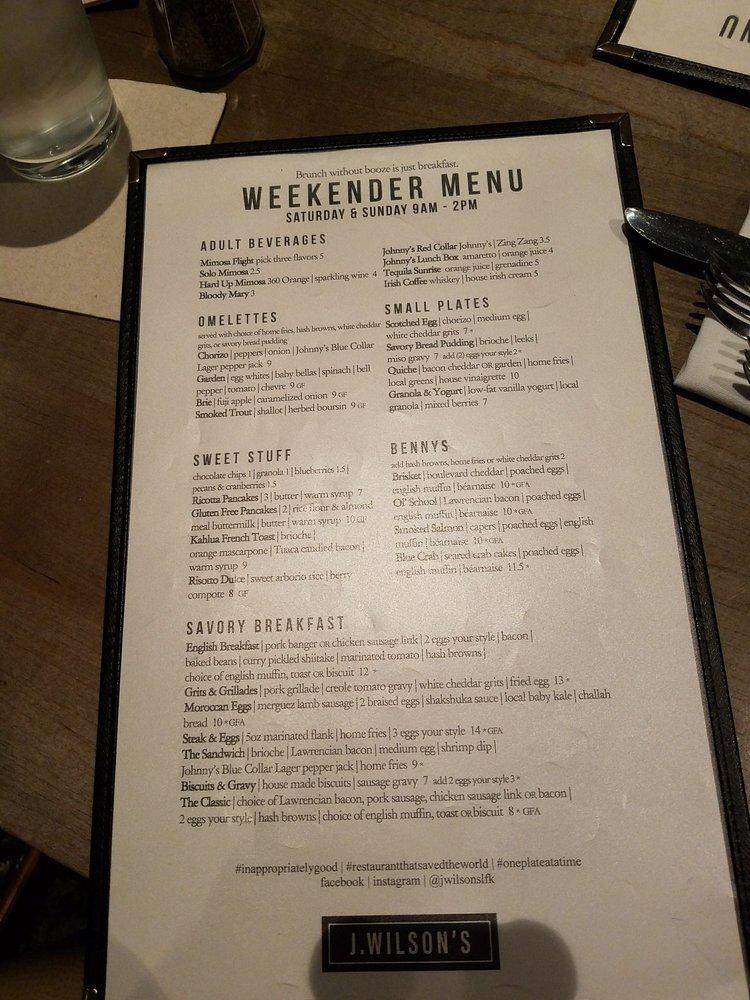 Menu at J. Wilson's pub & bar, Lawrence
