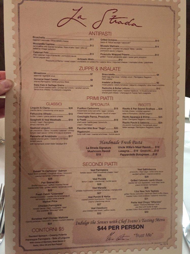 Menu at La Strada restaurant, Reno