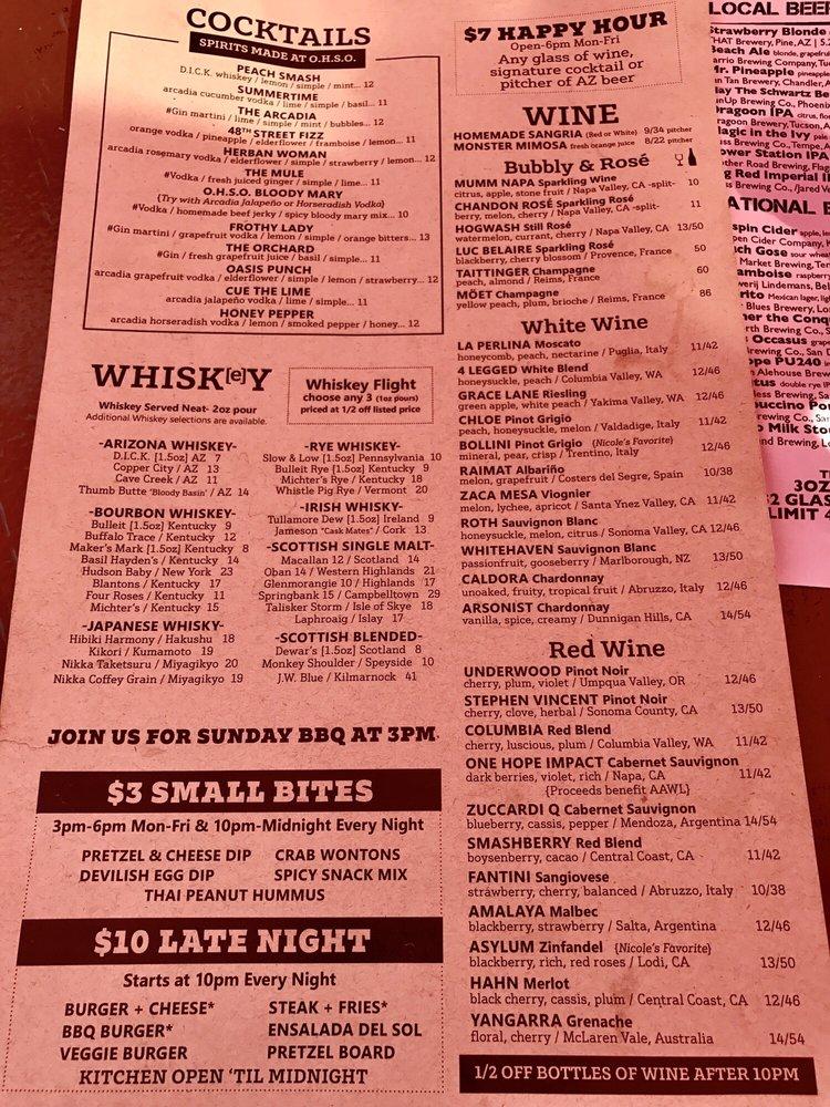 Menu at O.H.S.O. Eatery & nano-Brewery restaurant, Phoenix