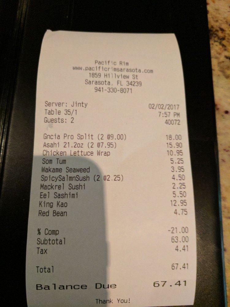 Menu at Pacific Rim restaurant, Sarasota