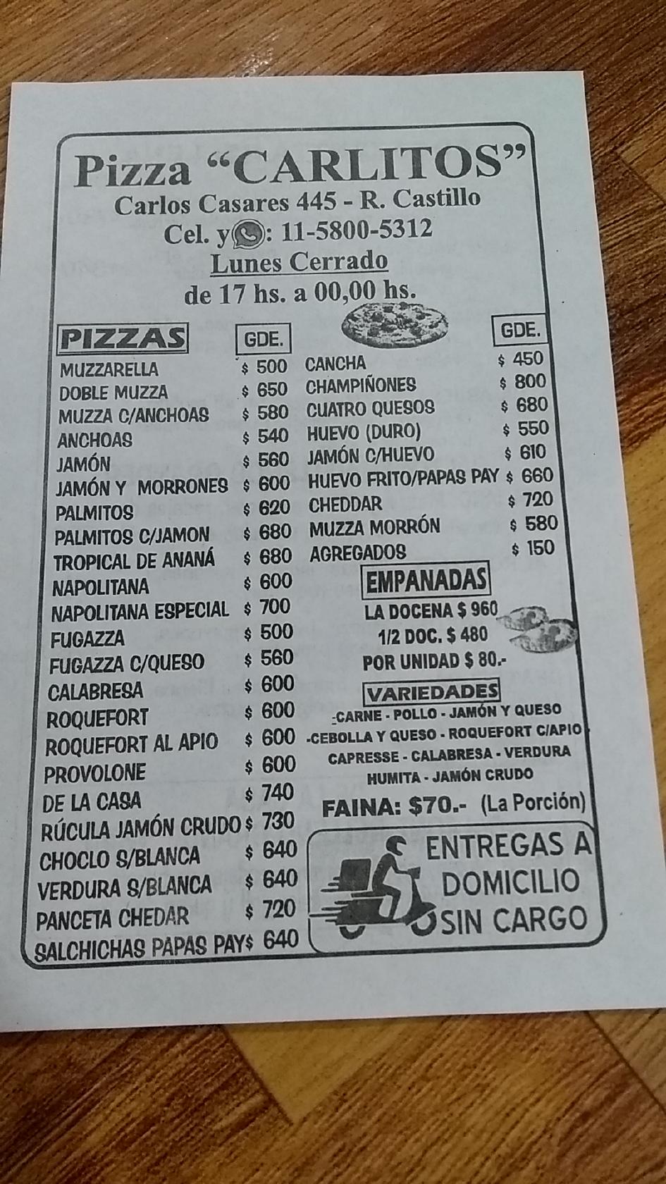 Menu at Pizzeria Carlitos, Rafael Castillo