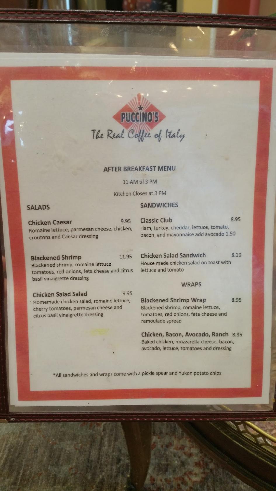Menu at Puccino's Coffee pizzeria, Harahan, Dickory Ave