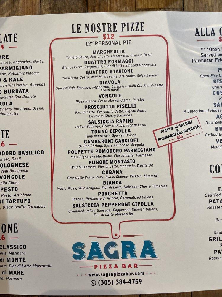 Menu at Sagra Pizza Bar, Miami