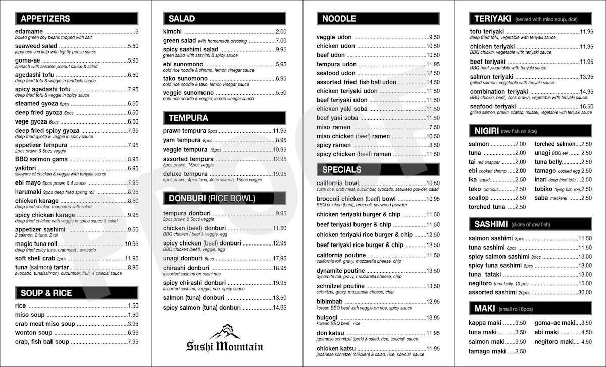 Menu at Sushi Mountain restaurant, Agassiz