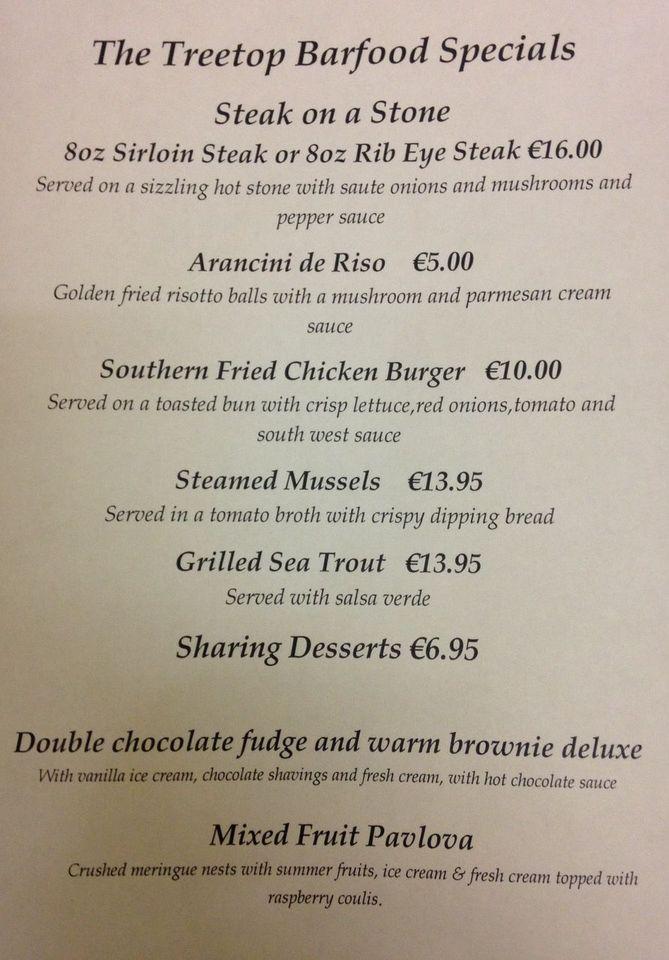 Menu at THE TREETOP RESTAURANT / THE STEERING WHEEL BAR, Clondalkin