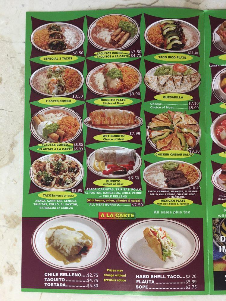 Menu at Tacos Don Nacho restaurant, Oklahoma City