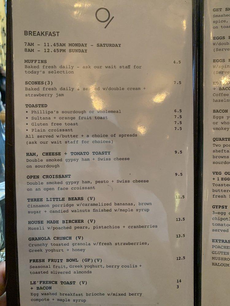 Menu at The Quarter restaurant, Melbourne