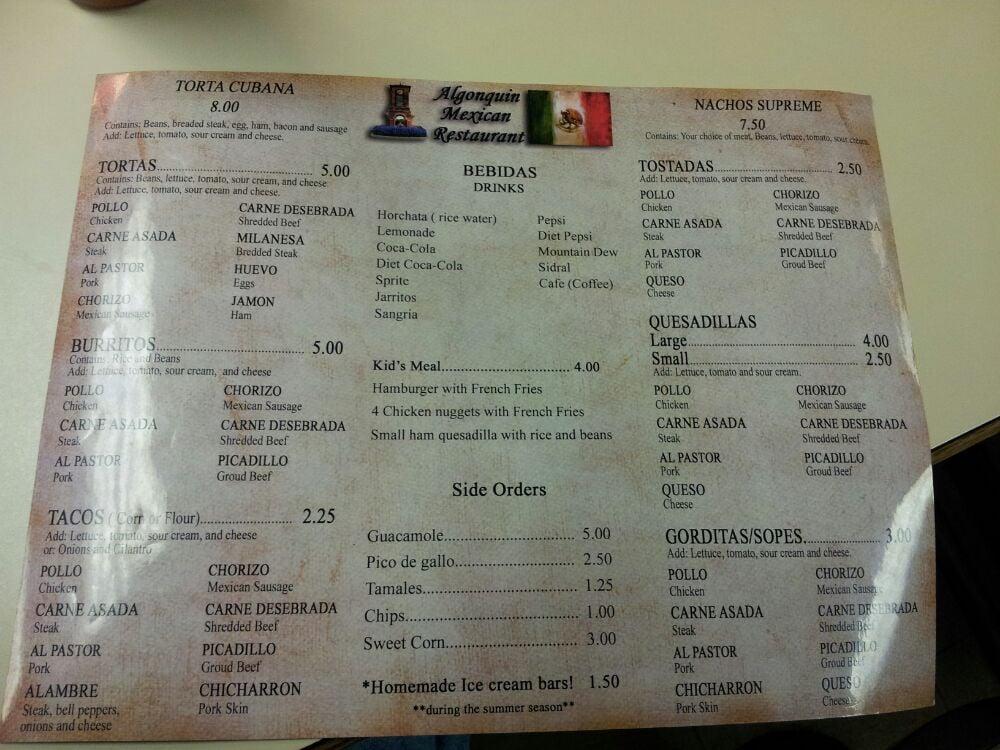 Menu at Algonquin Mexican Restaurant, Algonquin