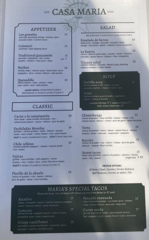 Menu at Casa Maria restaurant, Minneapolis