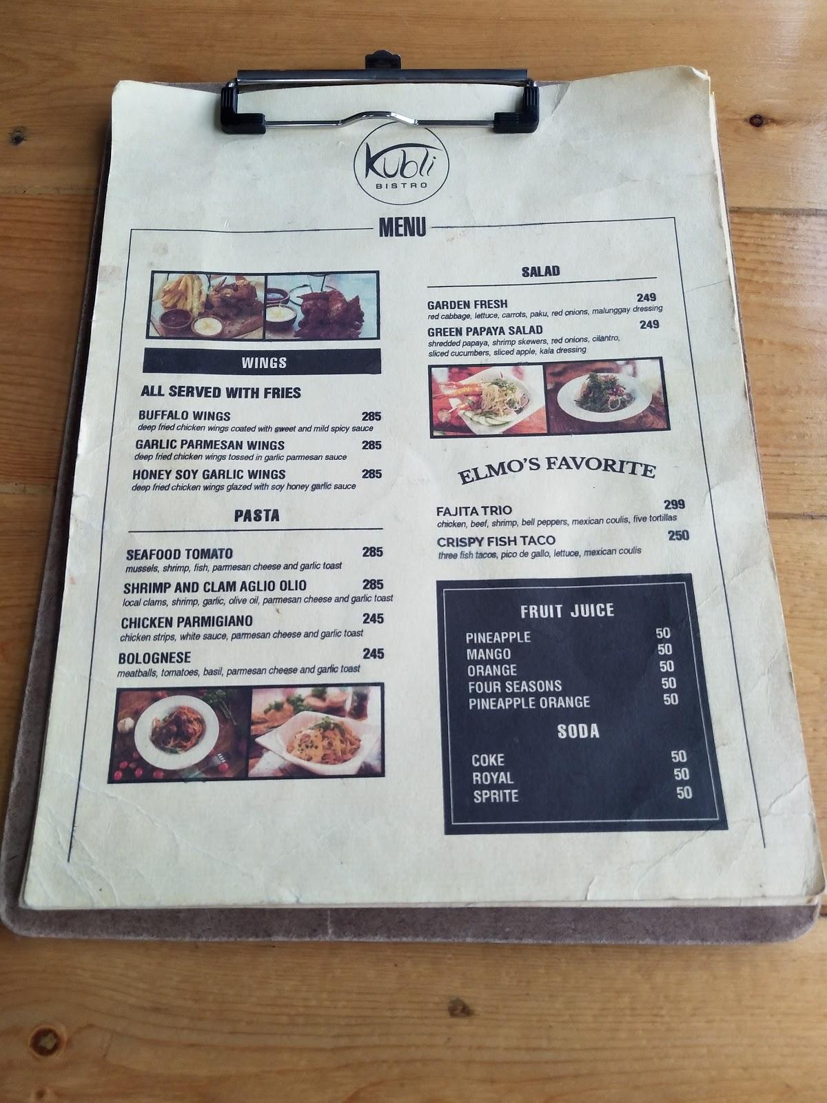 Menu at Kubli Bistro restaurant, Baler