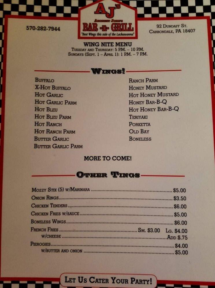Menu at AJ's Bar -N- Grill, Carbondale