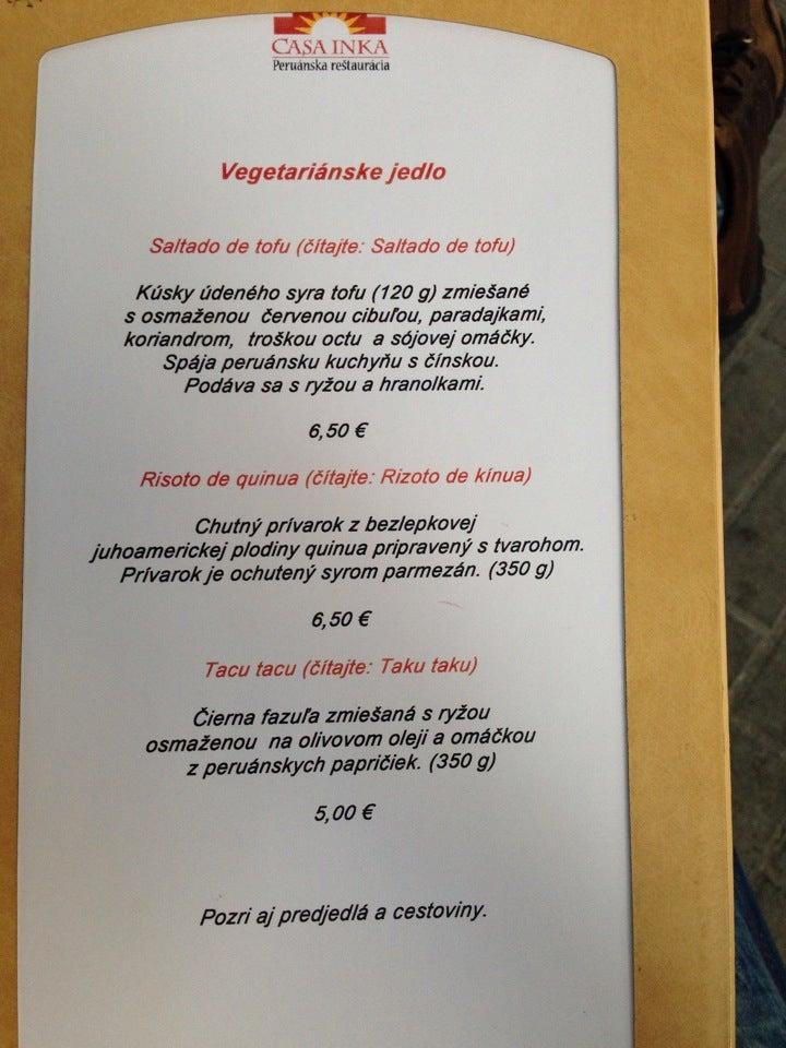 Menu au Bistro Peruano restaurant, Bratislava