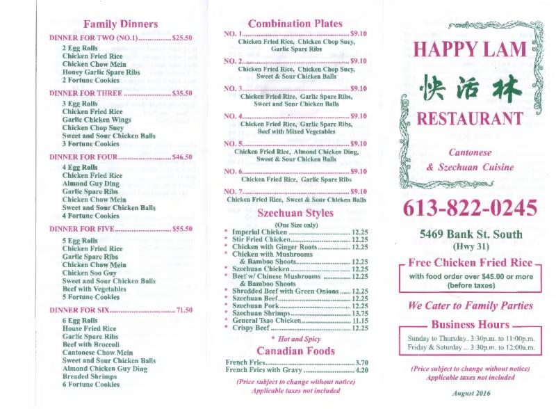Menu at Happy Lam Restaurant, Ottawa
