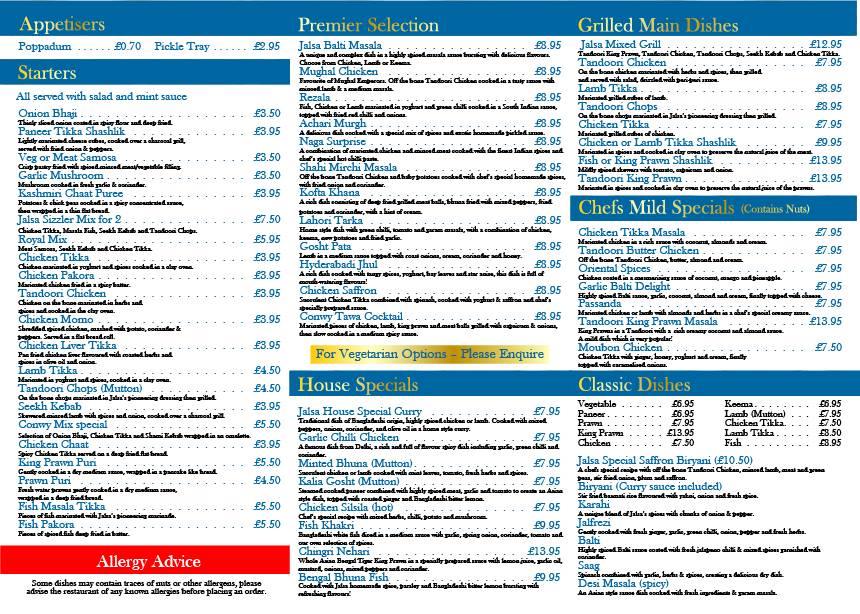 Carta del restaurante Jalsa Tandoori, Conwy