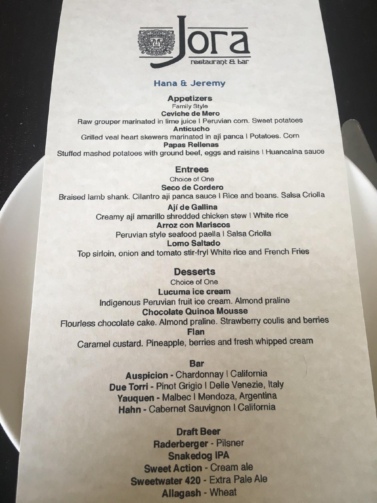 Menu at Jora pub & bar, New York City
