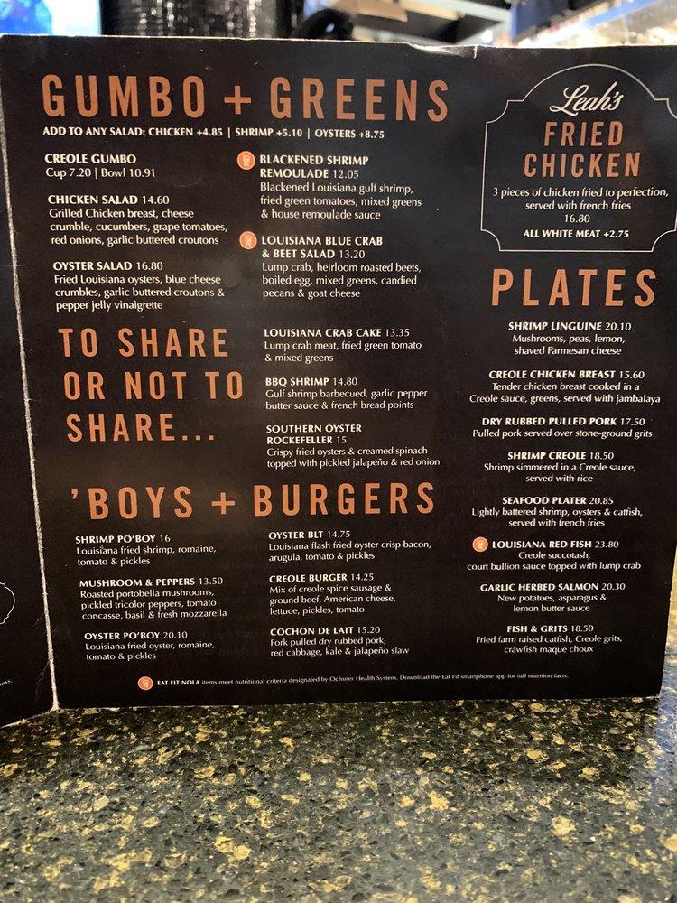 Menu at Leah's Kitchen restaurant, Kenner, 1 Terminal Dr
