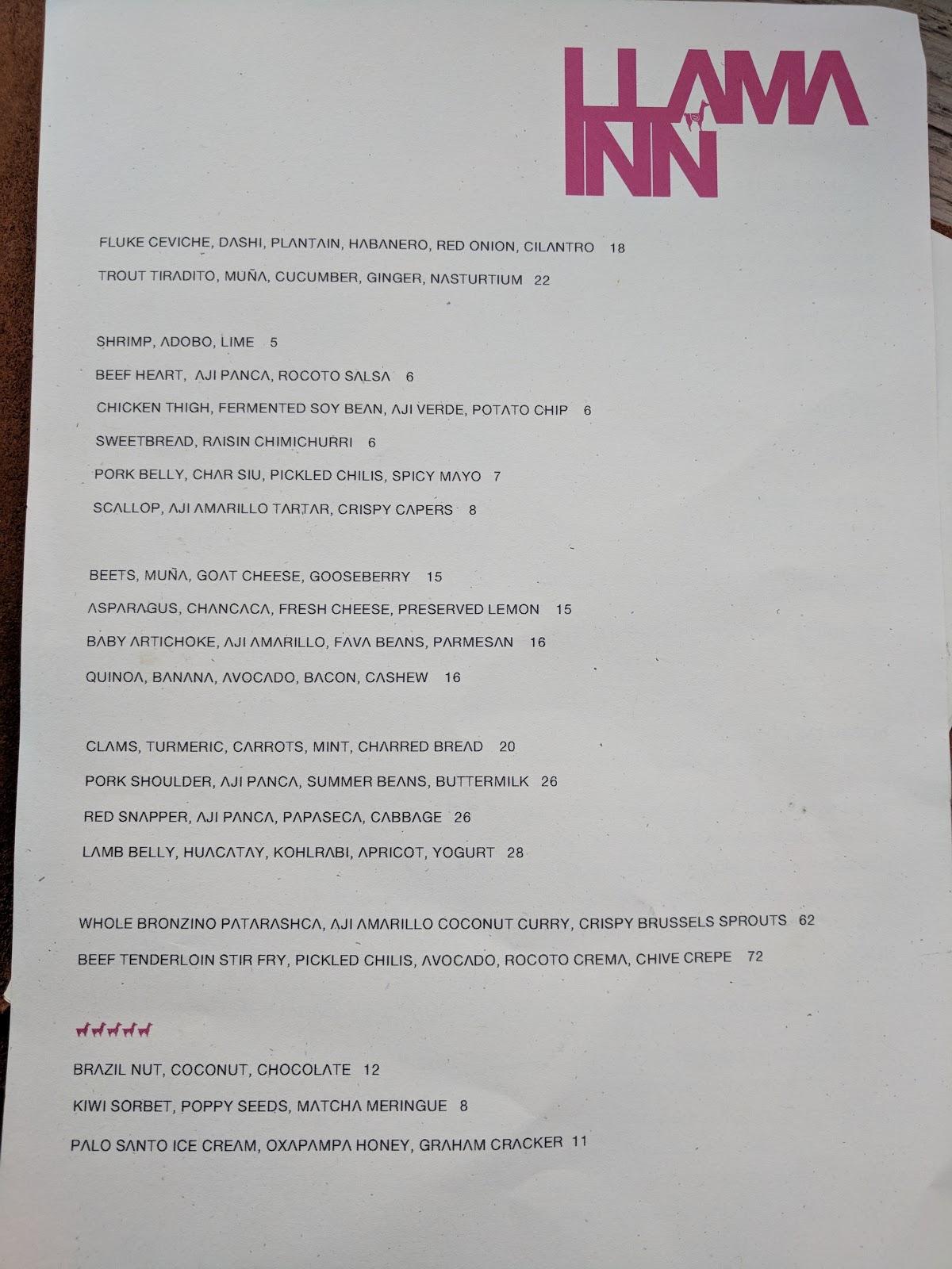 Menu at Llama Inn pub & bar, New York City, 50 Withers St