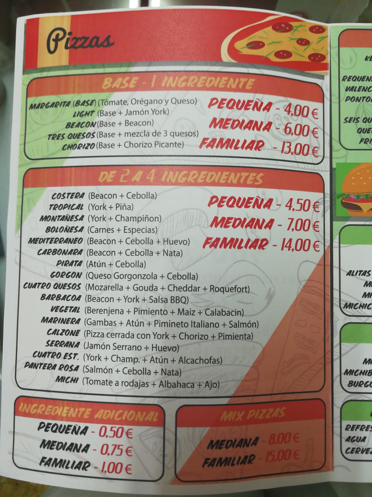 Menu at Michipizza restaurant, Requena
