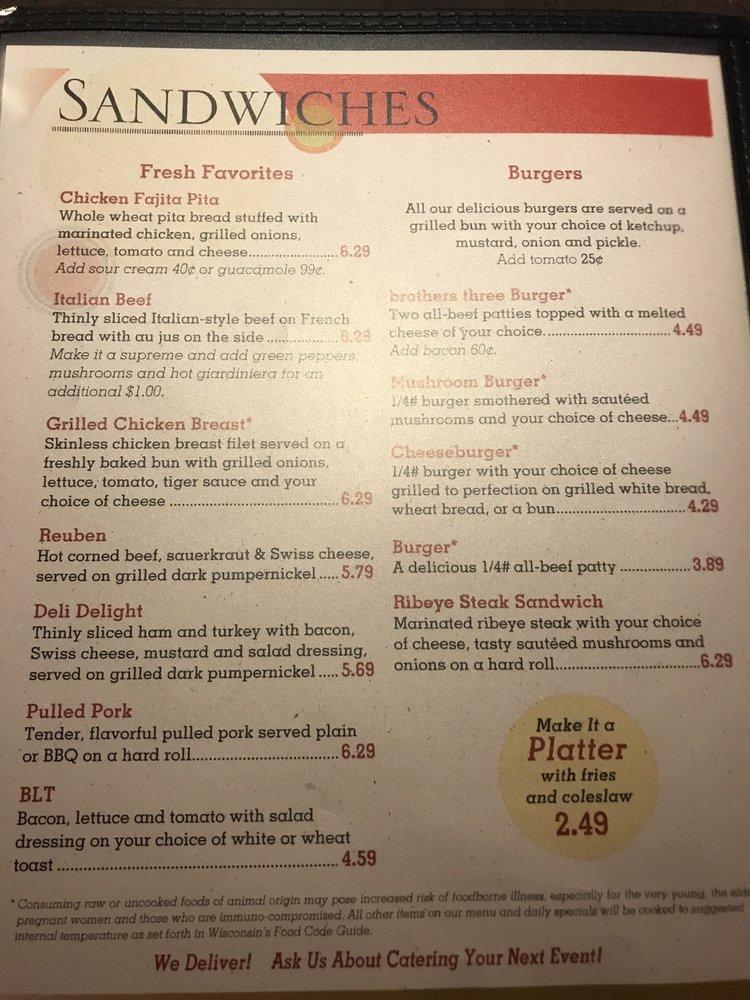 Menu at The Brothers Three pizzeria, Marinette