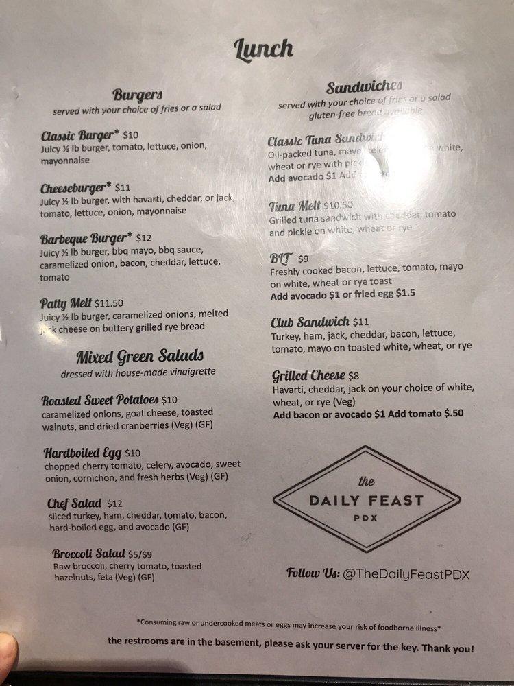 Menu at The Daily Feast restaurant, Portland
