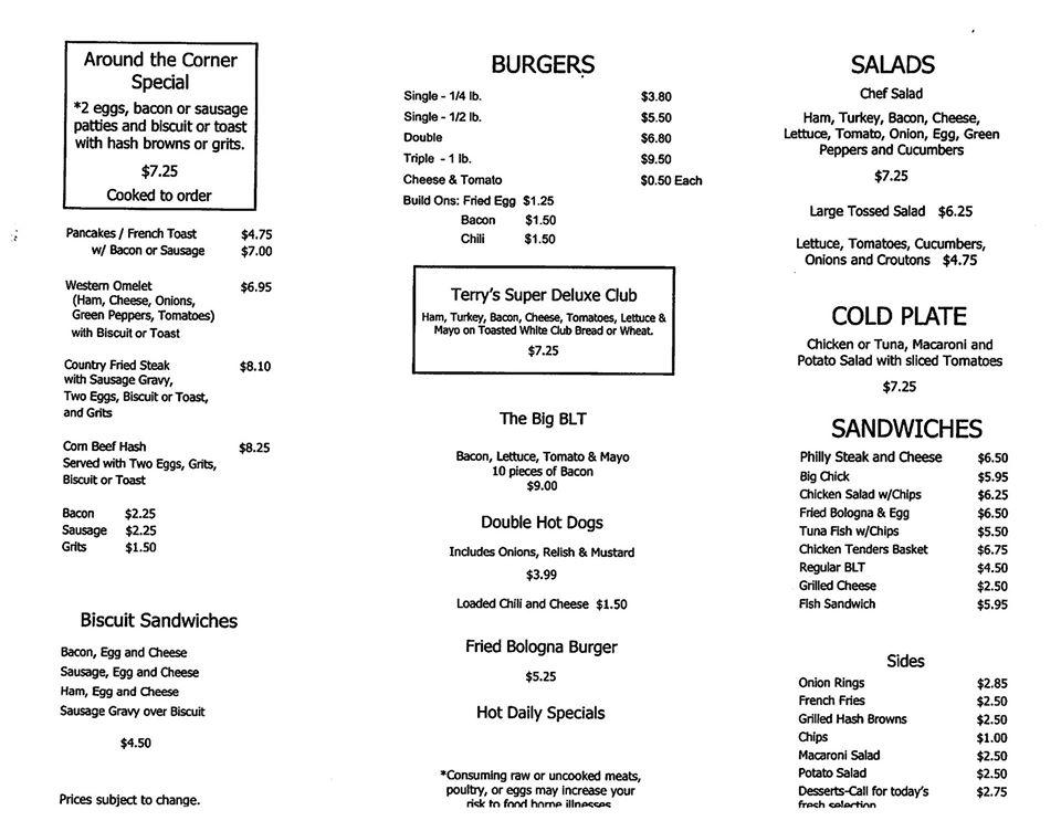 Menu at Around the Corner restaurant, Glen Allen