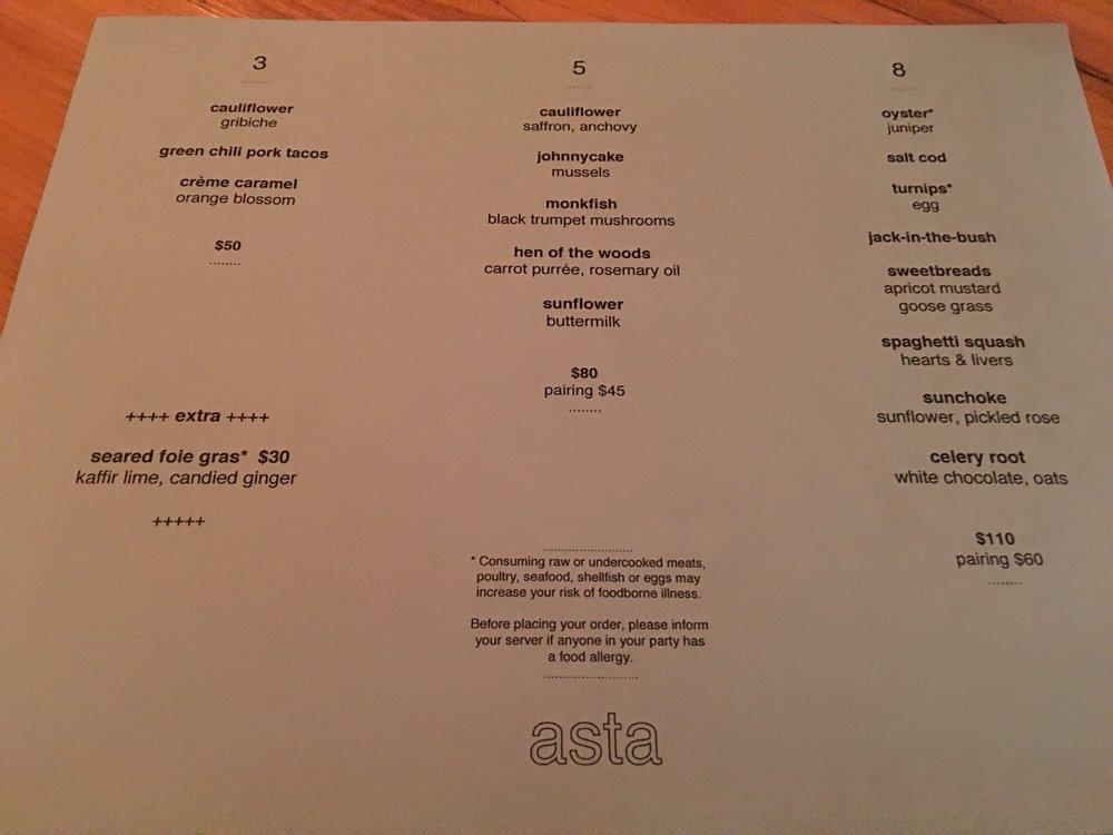 Menu at Asta pub & bar, Boston, 47 Massachusetts Ave