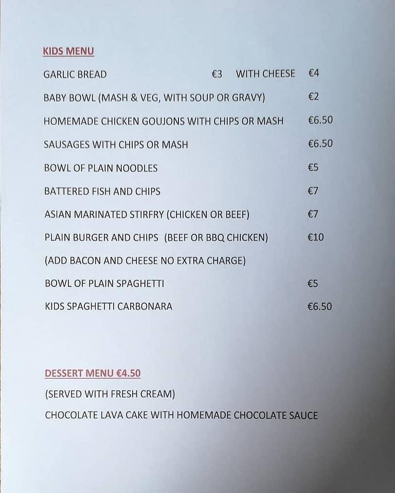 Menu at Hennessy's restaurant, Ferbane