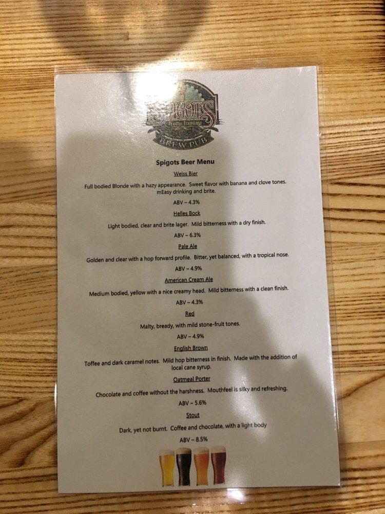 Menu at Spigots Brew Pub, Houma