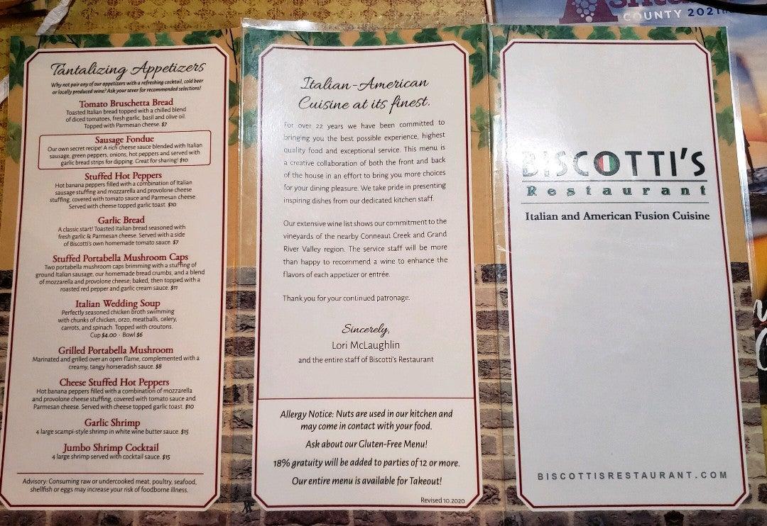 Menu at Biscotti's Restaurant, Conneaut