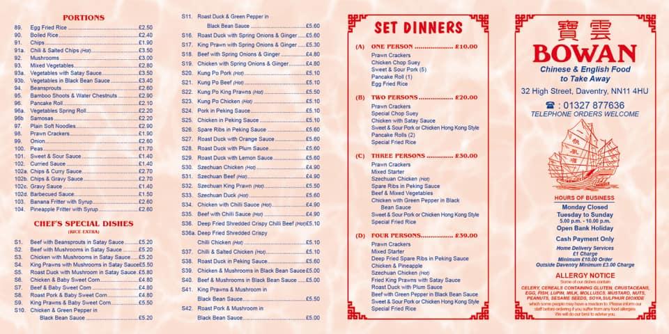 Menu at Bowan Chinese Take-Away restaurant, Daventry