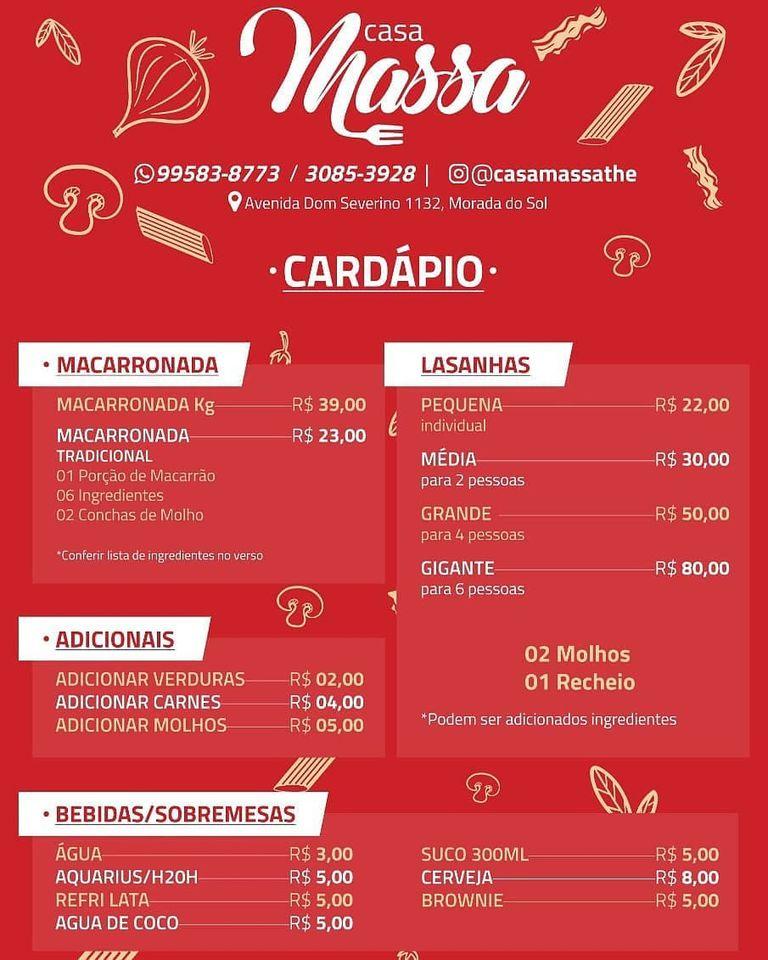 Menu at Casa Massa restaurant, Teresina, Rua Visconde da Parnaíba 3371
