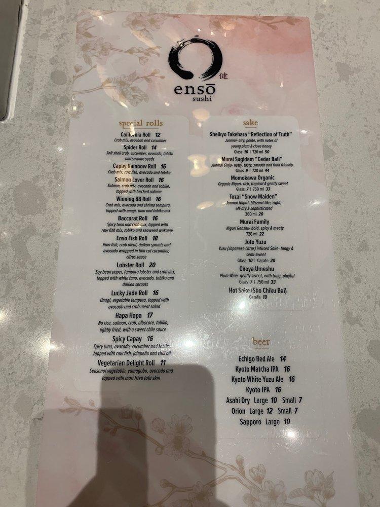 Menu at Enso Sushi restaurant, Brooks