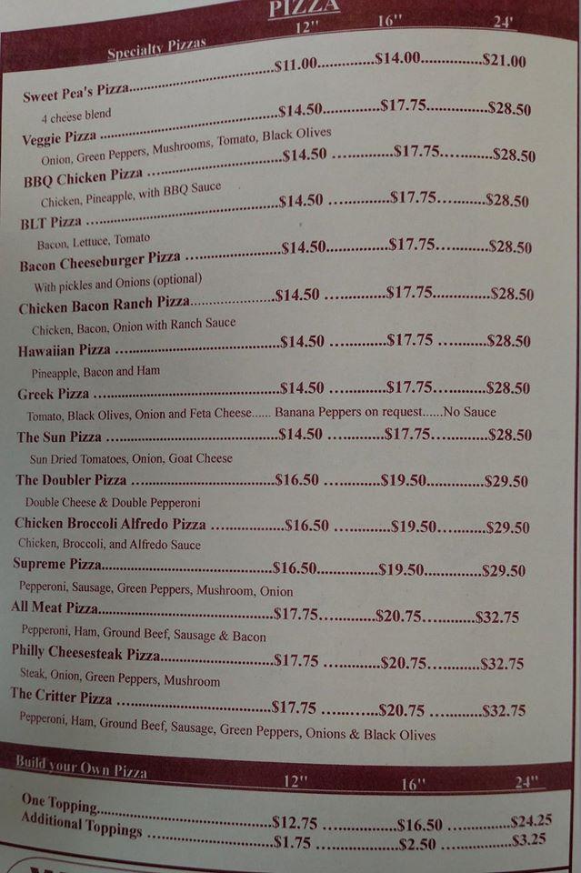 Menu at Sweet Peas Pizza pizzeria, Evansport