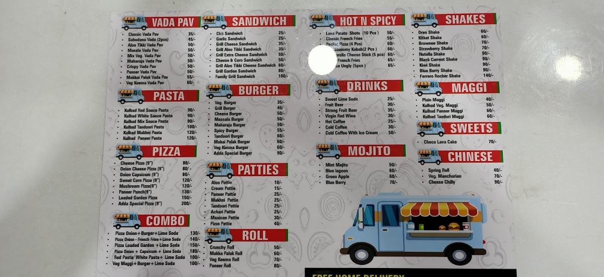 Menu at FOOD ADDA, Kurukshetra
