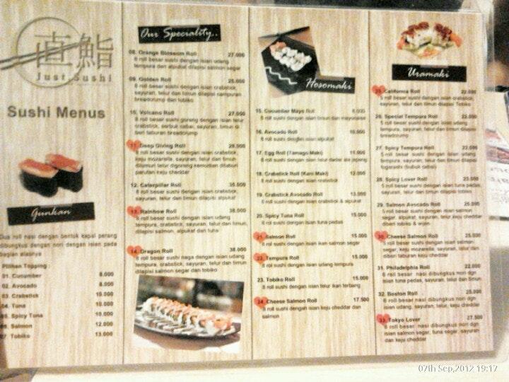 Menu at Just Sushi restaurant, Bandung