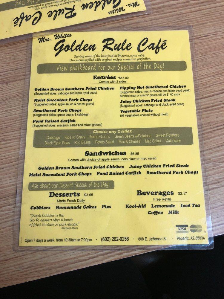 Menu at Mrs. White's Golden Rule Cafe, Phoenix