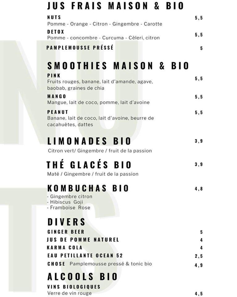 Menu at Nuts Biarritz cafe, Biarritz
