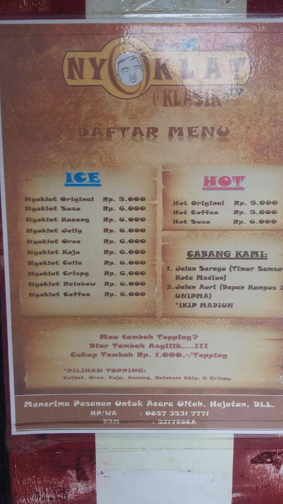 Menu at Nyoklat Klasik Ikip Madiun UNIPMA cafe, Madiun, Jl. Auri