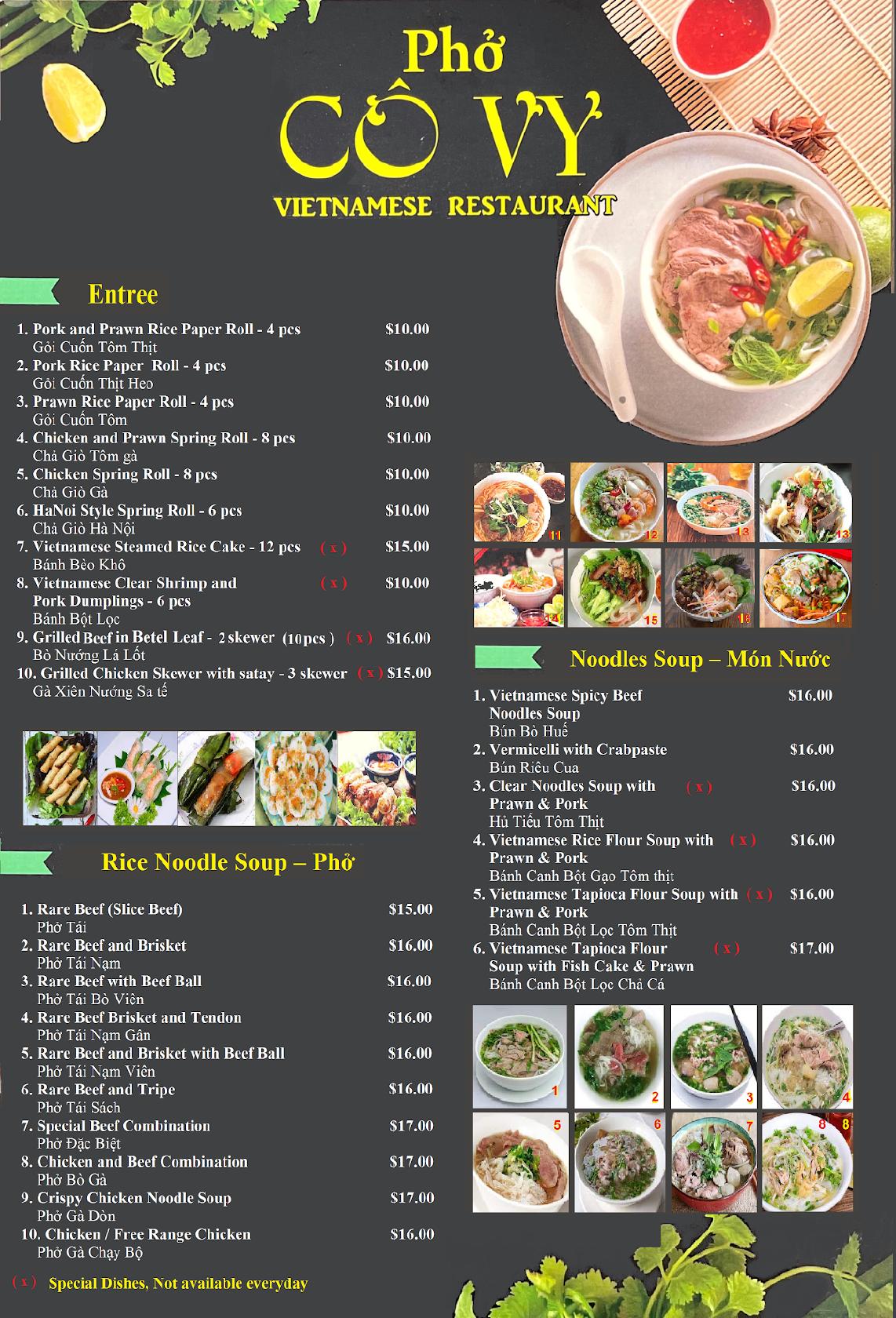 Menu at Phở Cô Vy restaurant, Lalor