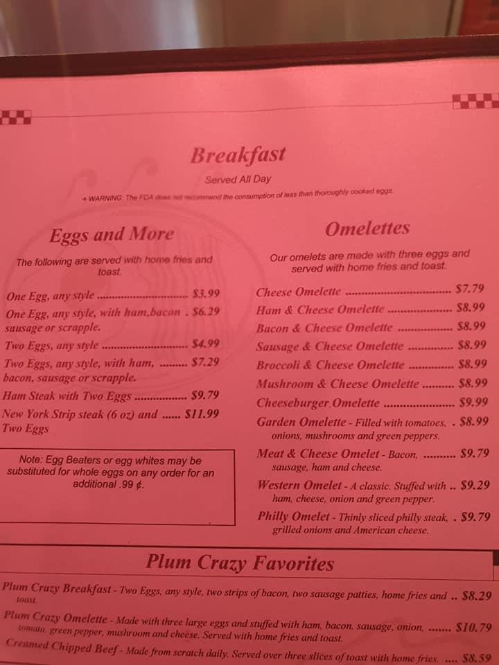 Menu at Plum Crazy Diner 2002 restaurant, Westminster
