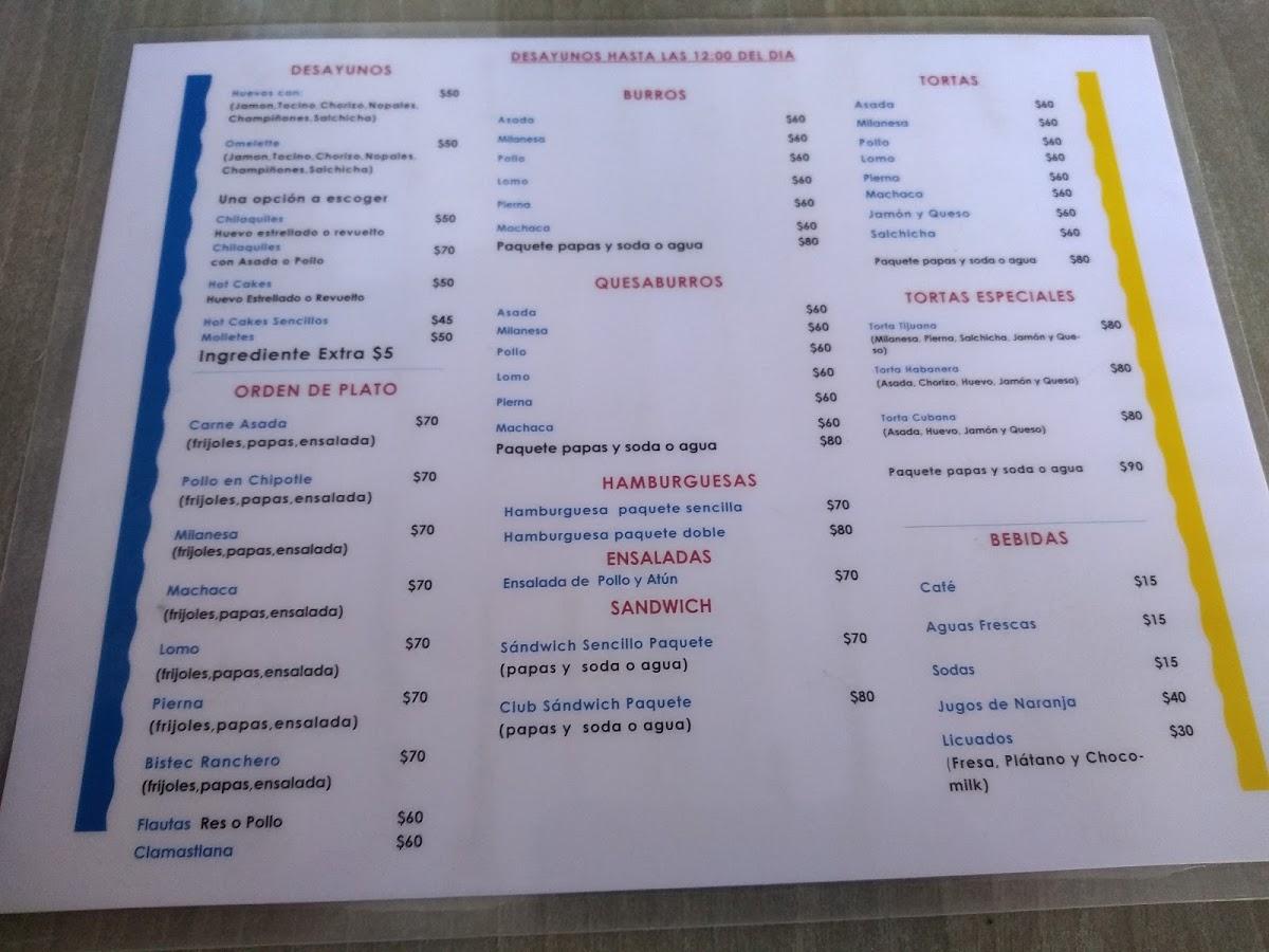 Menu at Unyis restaurant, Tijuana, C. Rio Suchiate 10009