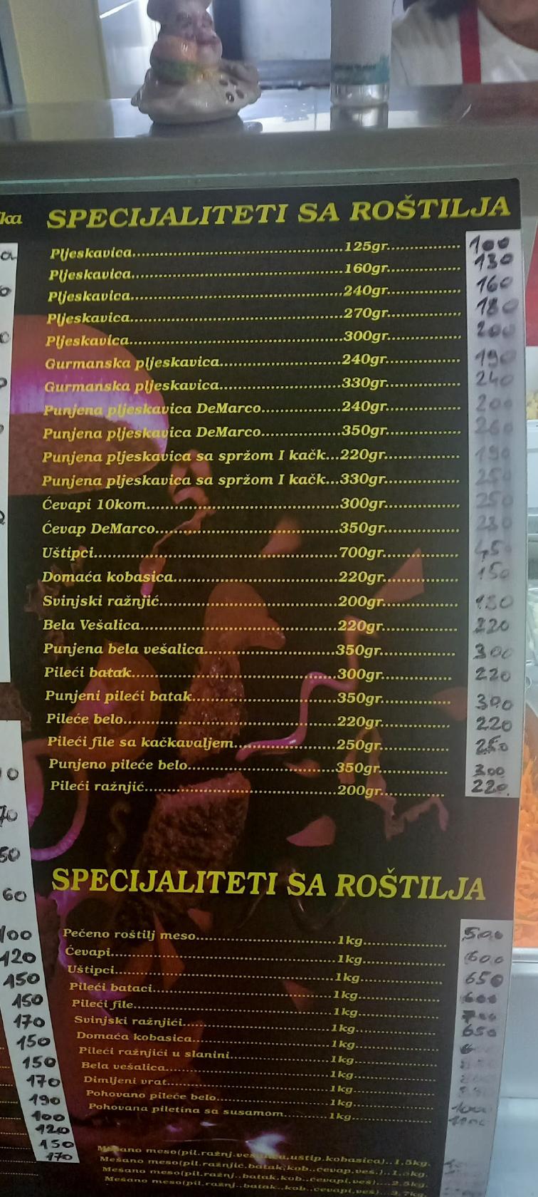 Menu at DeMarco restaurant, Bratmilovce