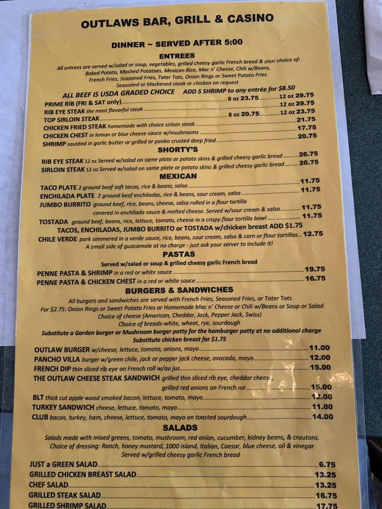 Menu at Outlaws Bar, Grill & Casino, Atascadero