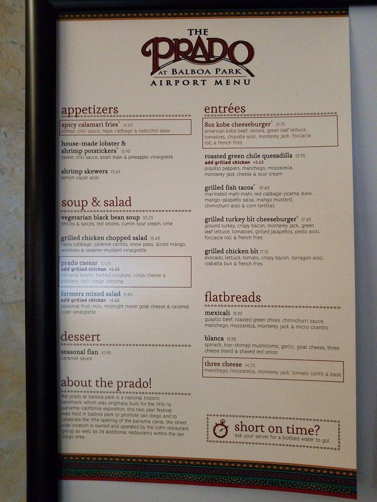 Menu at Prado at the Airport pub & bar, San Diego