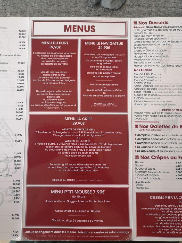 Menu au Restaurant La Criée Le Croisic, Le Croisic