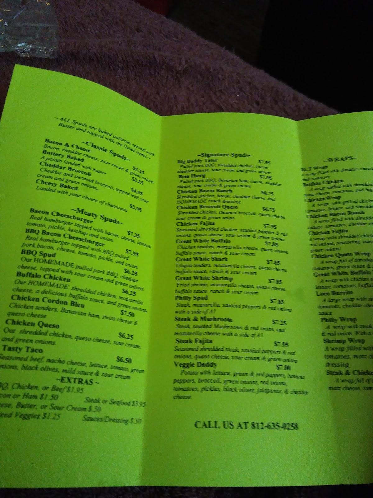 Menu at Spud Hut fast food, Princeton