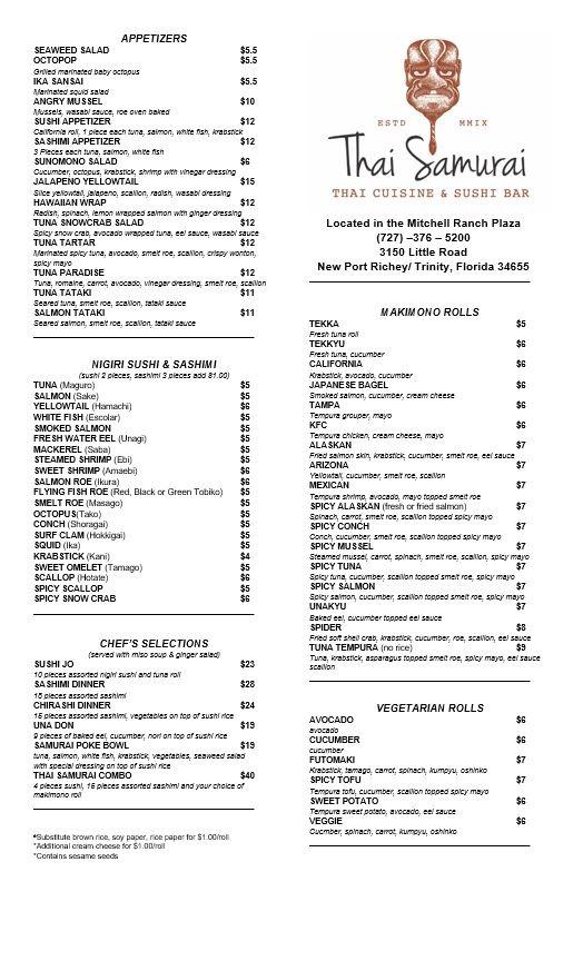 Menu at Thai Samurai Restaurant, New Port Richey, Little Rd