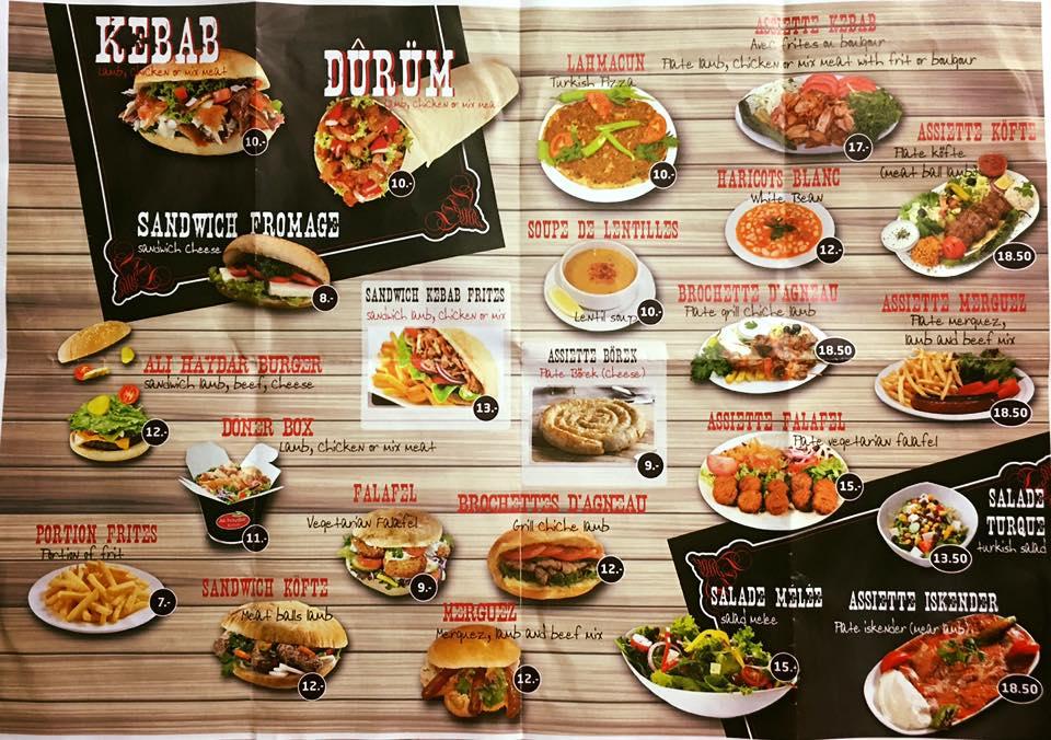 Menu at Ali Haydar Kebab, Geneva, Rue de Lausanne 26