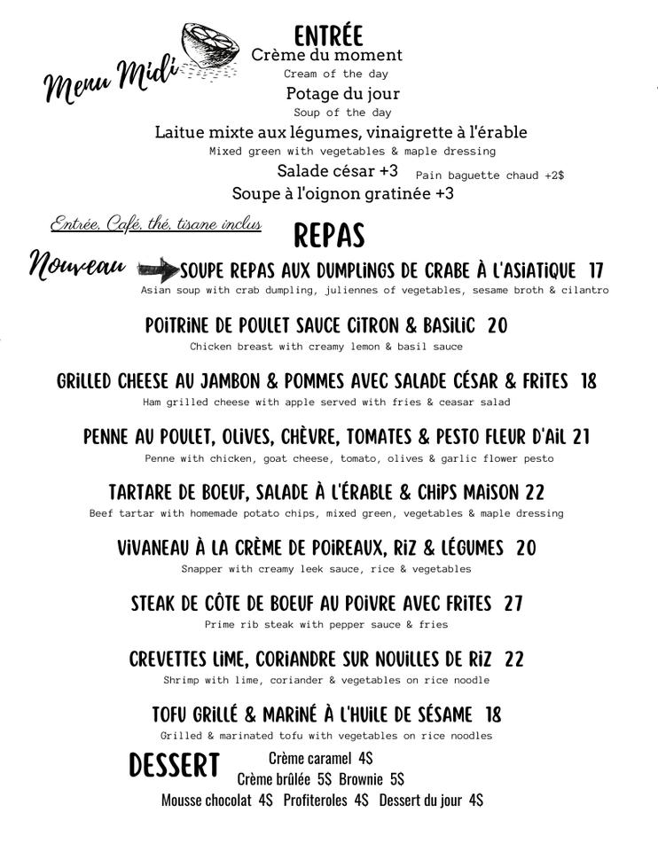 Menu au Restaurant Citron et Basilic, Huntingdon