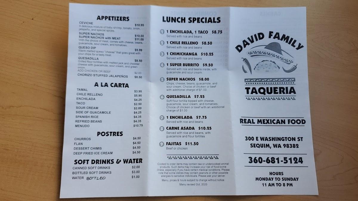 Menu at David Family Taqueria restaurant, Sequim